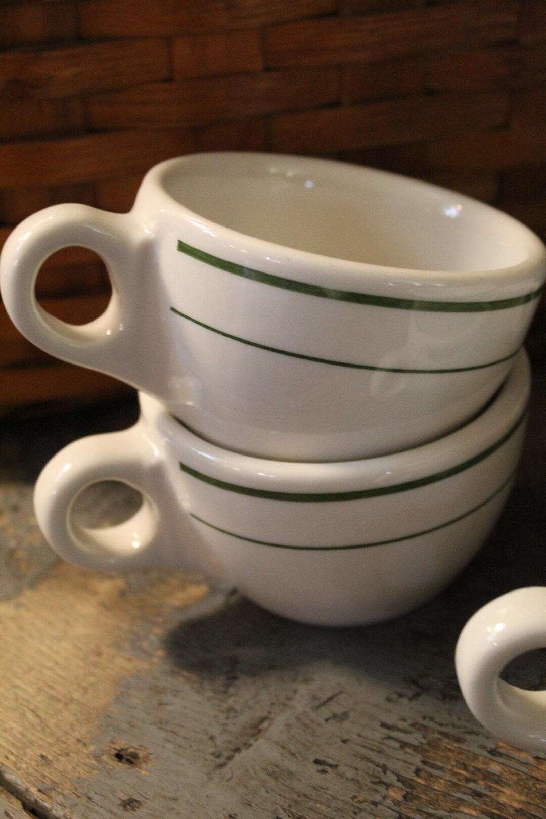 Set of 5 Buffalo China Coffee Mugs – Vintage Green Stripe Diner Cups ...