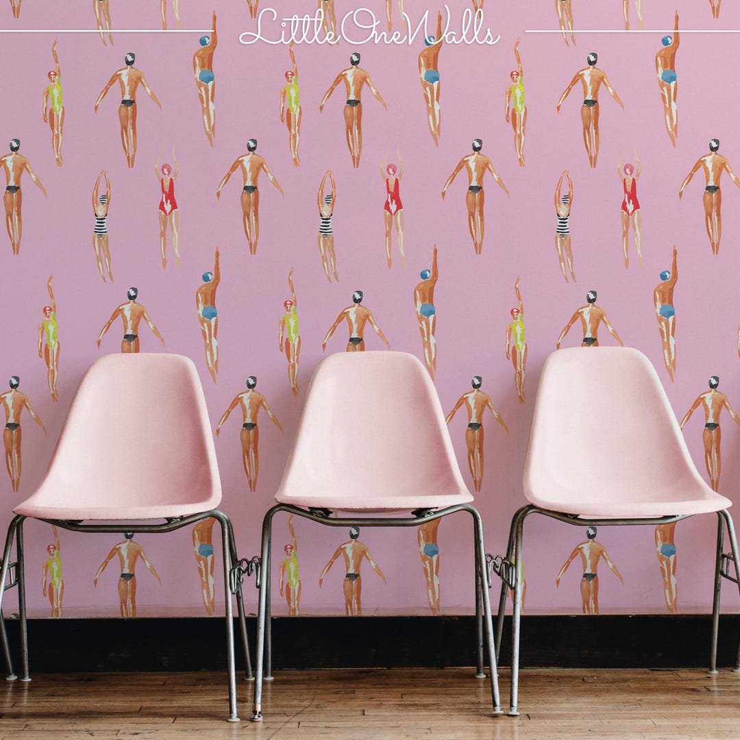 Vintage Swimmers Print, Pink Wallpaper, Retro Pool Party Decor ...