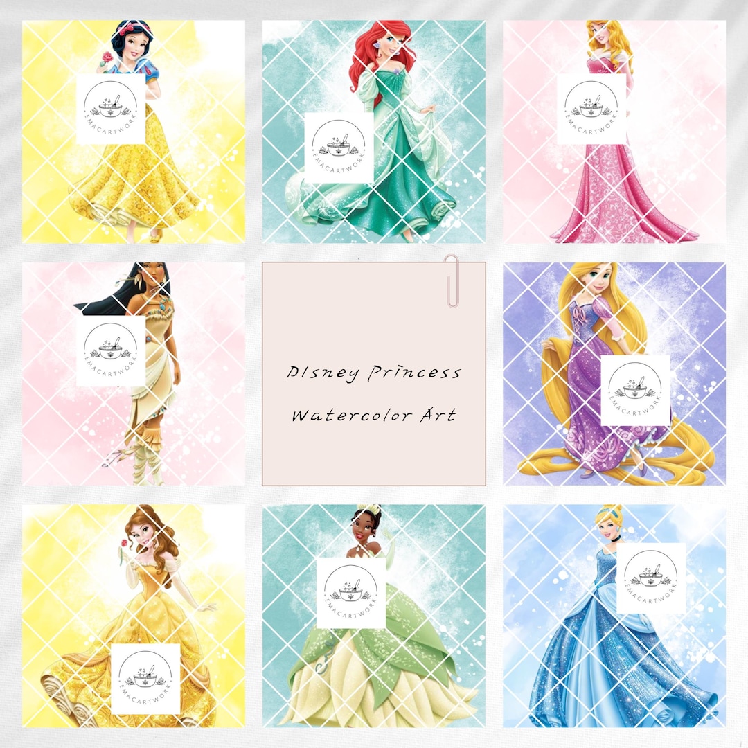 Nine Disney Princess Individual Color Princesses on Watercolor ...