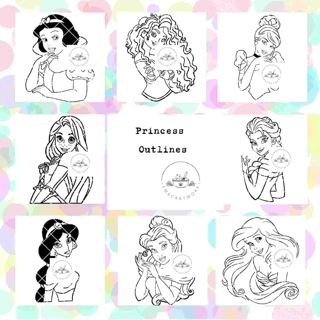 14 Princess Outline Portraits: Black and White Clipart (digital ...