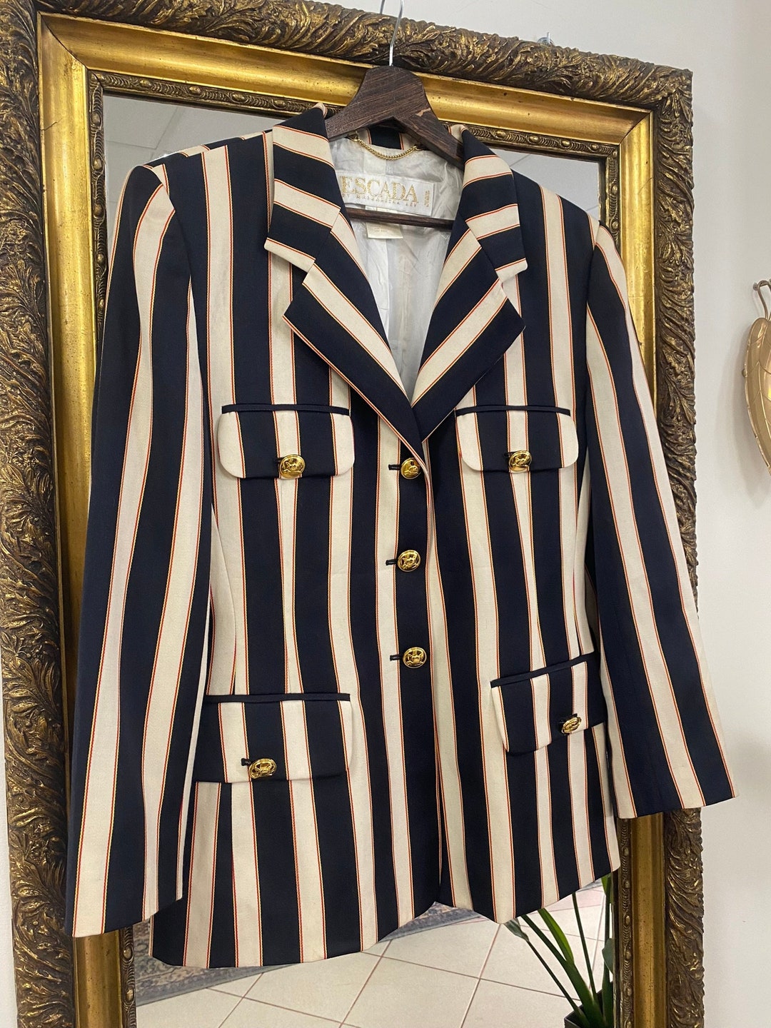 ESCADA Striped Wool Suit Jacket Vintage 80s Woolmark L Gold Buttons - Etsy