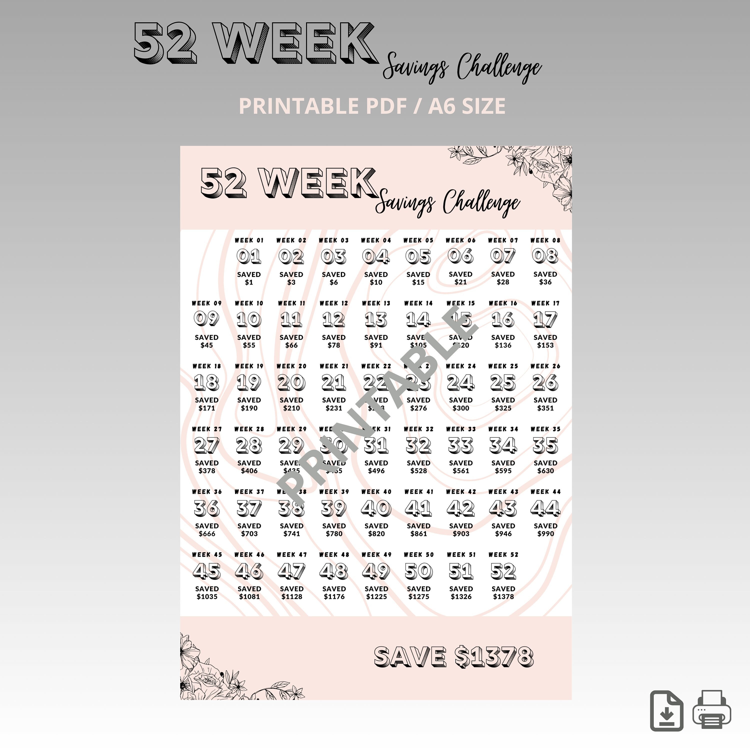 52 Week Savings Challenge Printable, 52 Weeks Money Saving Challenge ...