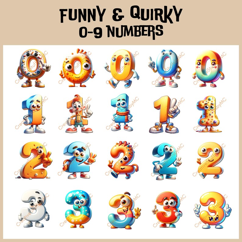 Funny & Quirky 0-9 Numbers Clipart PNG, Clipart Printable Numbers ...