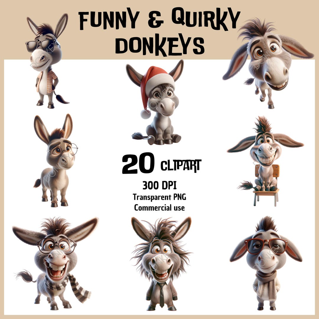 Funny & Quirky Donkey Clipart PNG, Crazy Donkeys Clipart Printable, Digital Download Cute ...