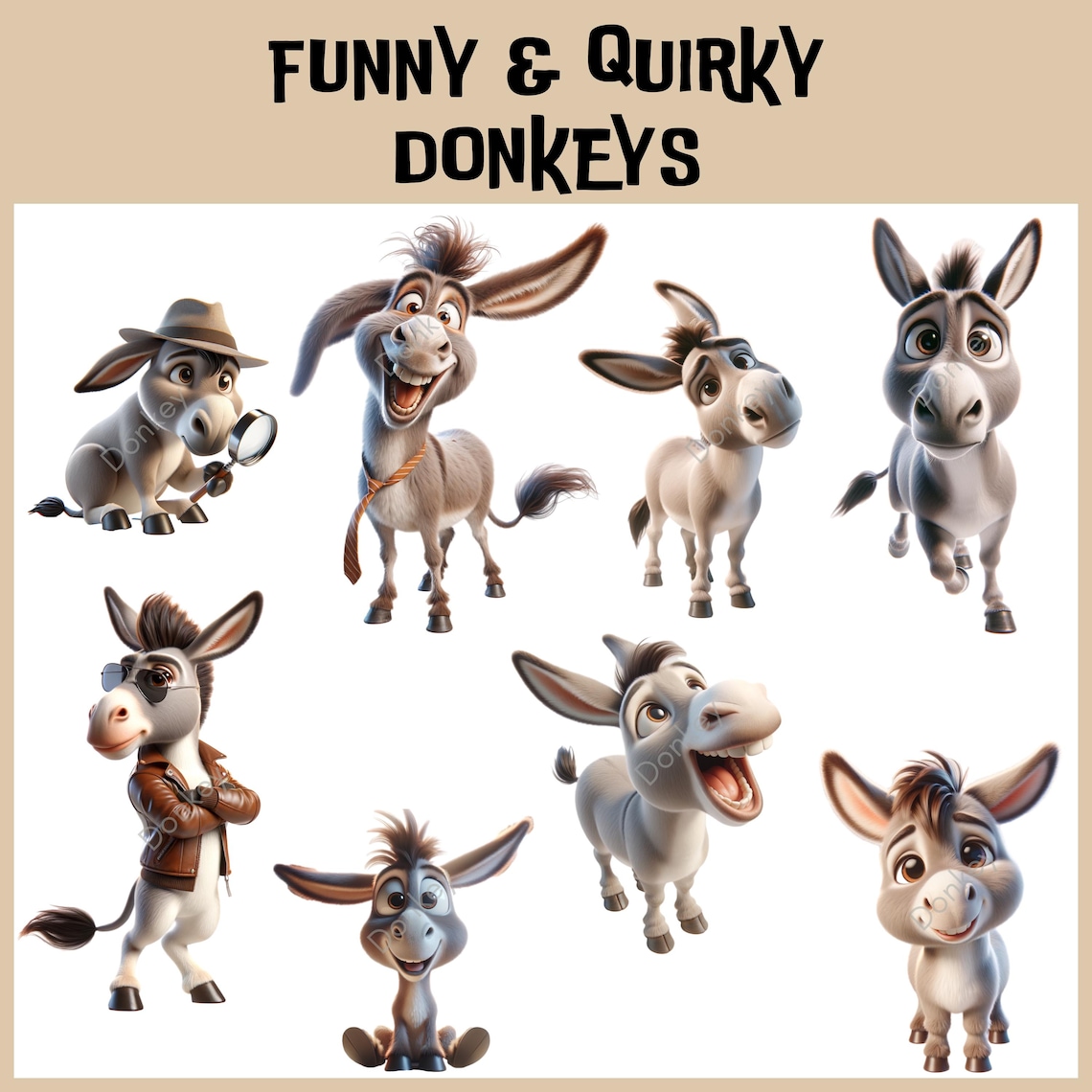 Funny & Quirky Donkey Clipart PNG, Crazy Donkeys Clipart Printable, Digital Download Cute ...