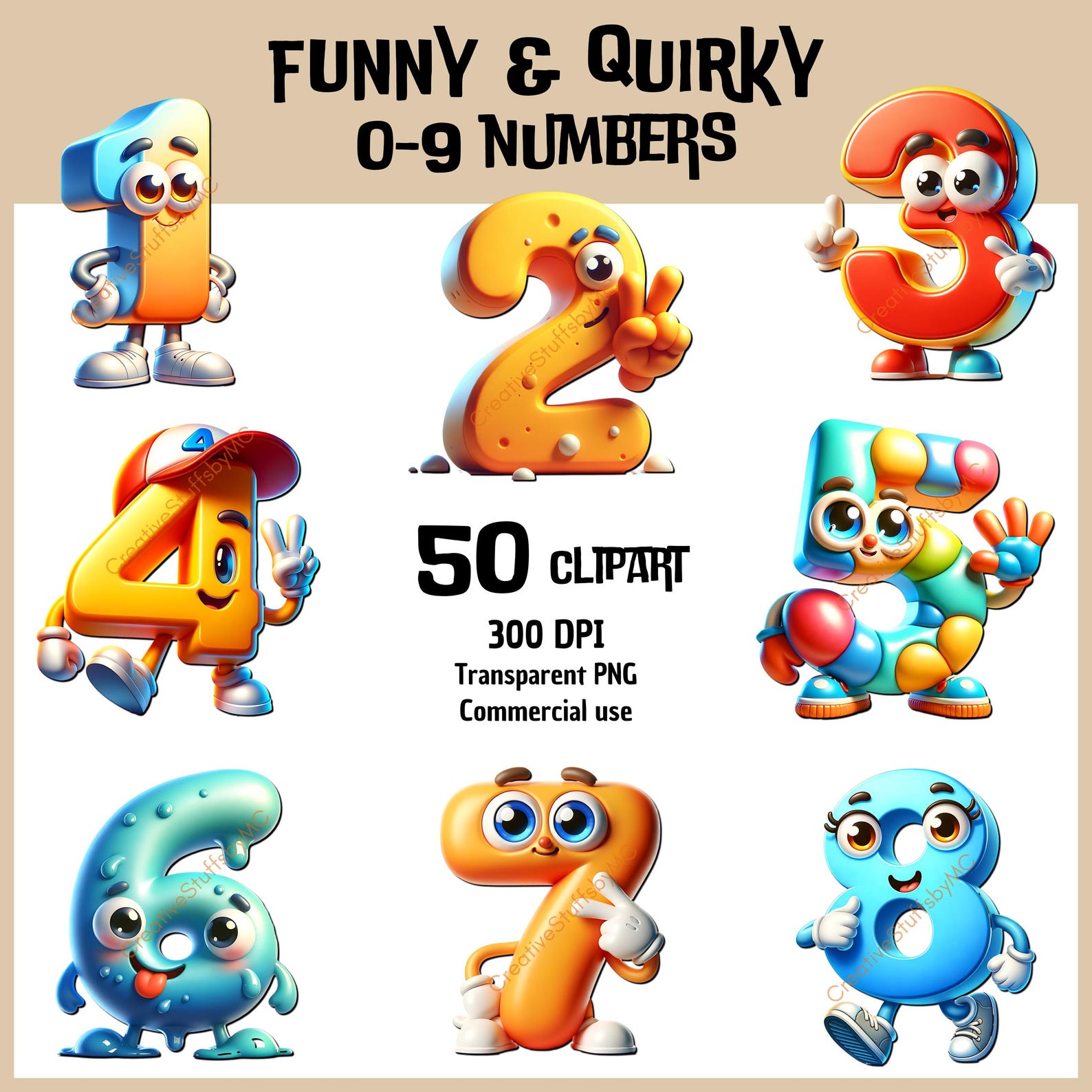 Funny & Quirky 0-9 Numbers Clipart PNG, Clipart Printable Numbers ...