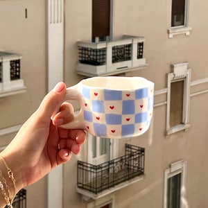 Handmade Ceramic Mug – Baby Blue Checkered Pottery Cup With Hearts - Etsy