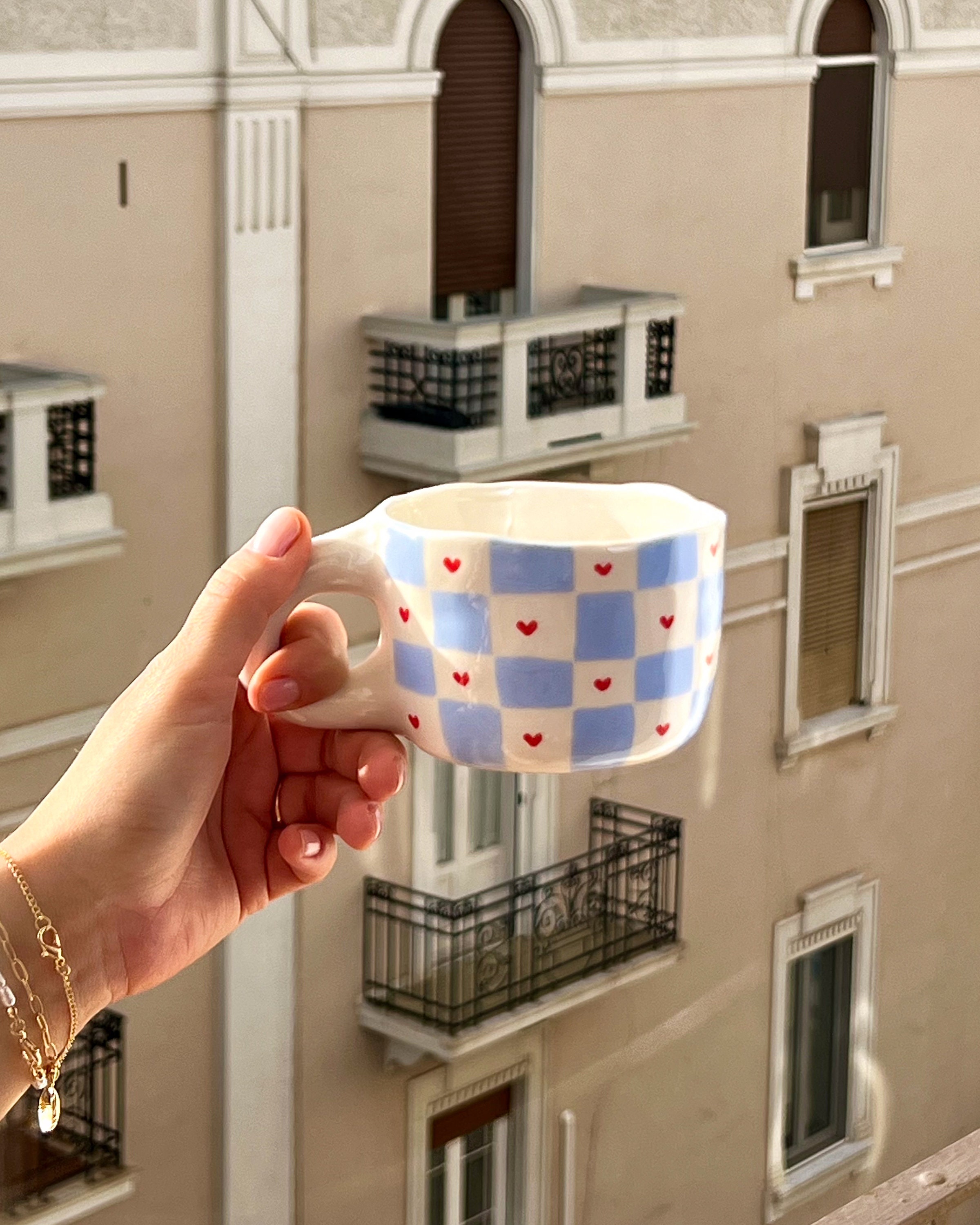 Handmade Ceramic Mug – Baby Blue Checkered Pottery Cup With Hearts - Etsy