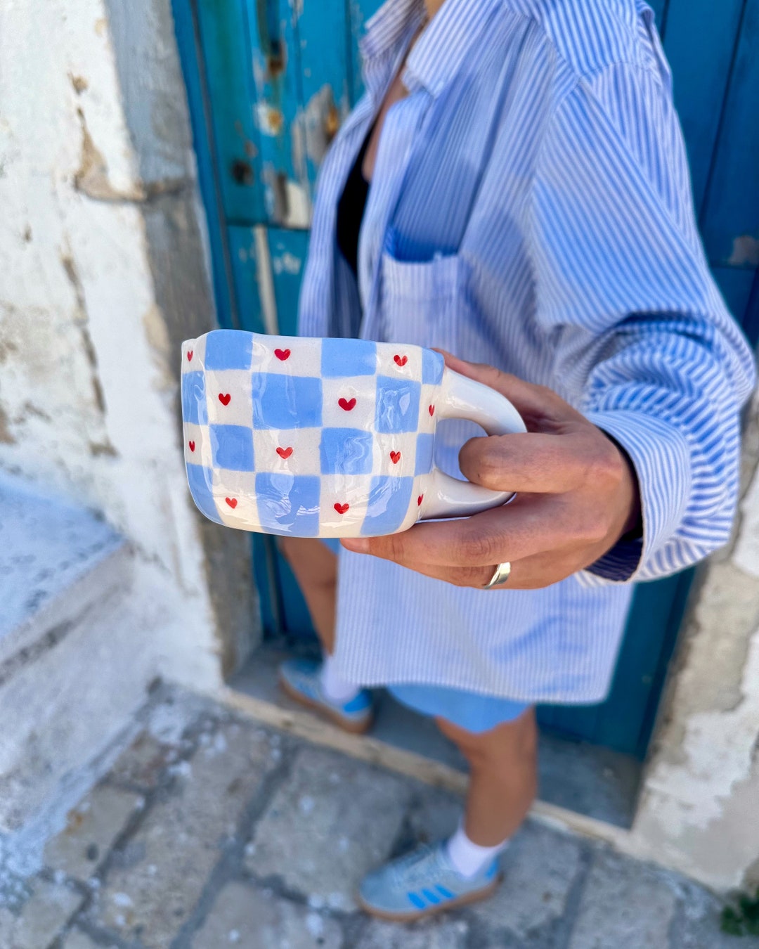 Handmade Ceramic Mug – Baby Blue Checkered Pottery Cup With Hearts - Etsy