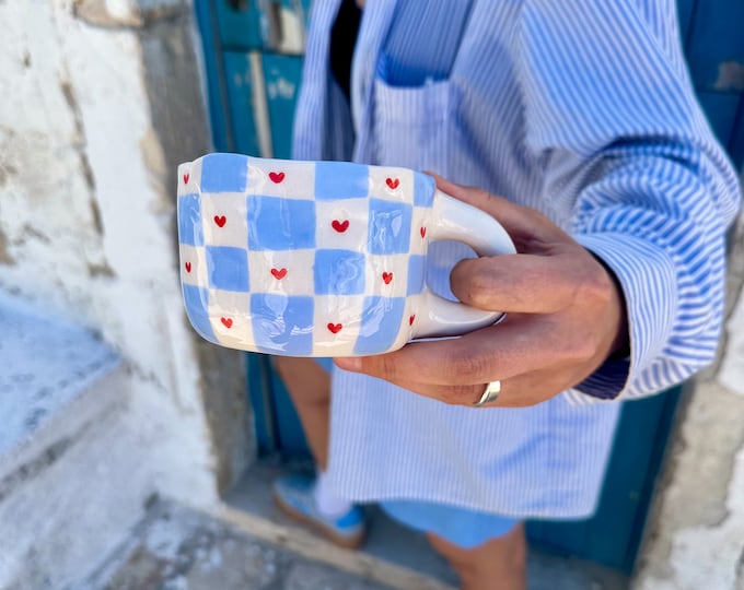 Handmade Ceramic Mug – Baby Blue Checkered Pottery Cup With Hearts - Etsy
