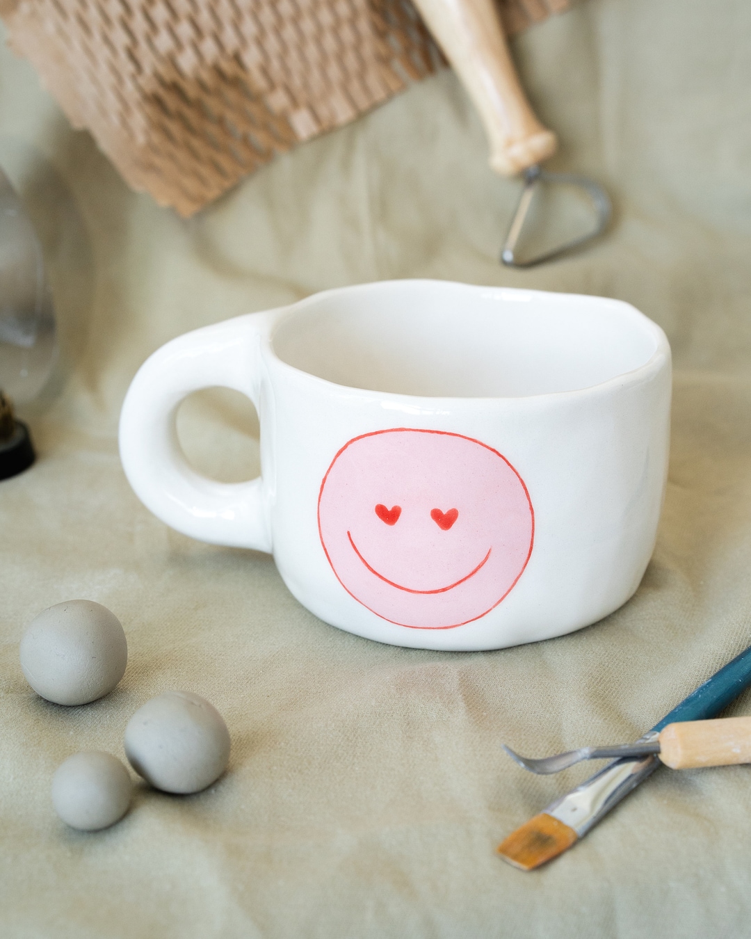 Handmade Ceramic Smiley Face Mug: Heart Eyes Emoji Coffee Cup - Etsy