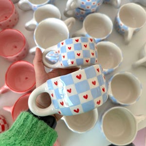Handmade Ceramic Mug – Baby Blue Checkered Pottery Cup With Hearts - Etsy