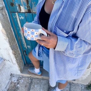 Handmade Ceramic Mug – Baby Blue Checkered Pottery Cup With Hearts - Etsy
