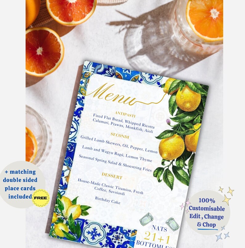 Printable Menu Template, Blue Tiles Lemon Birthday Menu Drink Italy ...