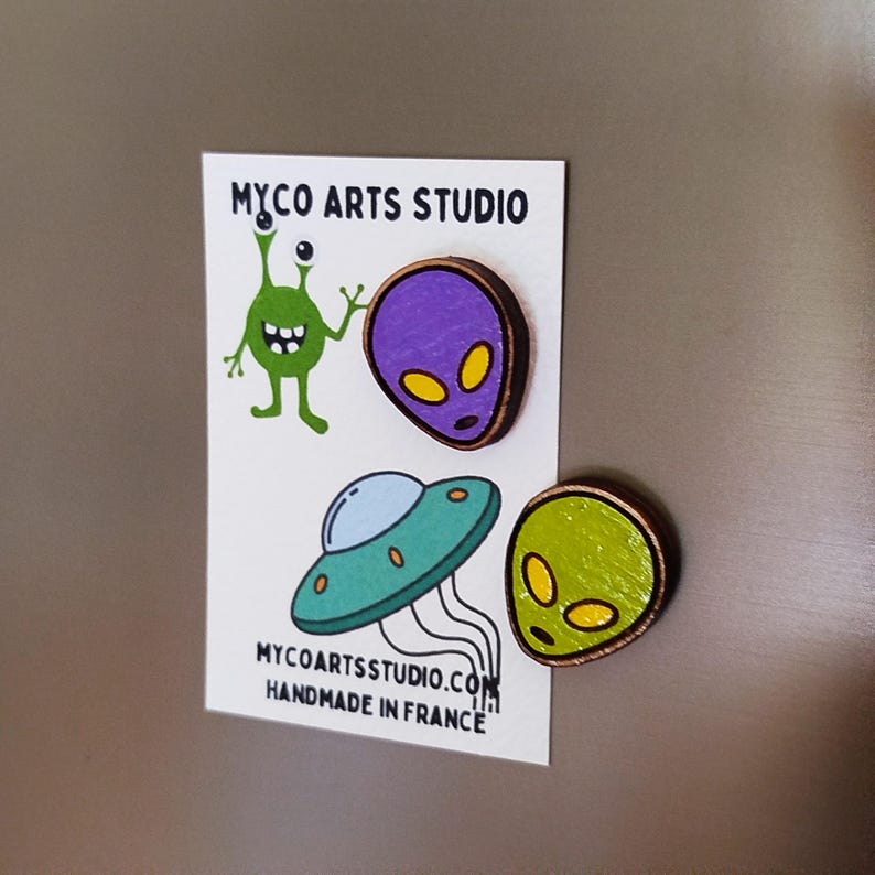 Set of 2 Alien Shaped Wooden Fridge Magnets, Wood Martian Magnets ...