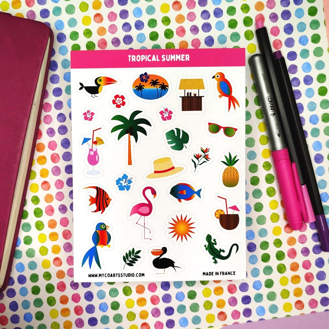 Tropical Summer Sticker Sheet, Vacation Journal Stickers, Beach Holiday ...
