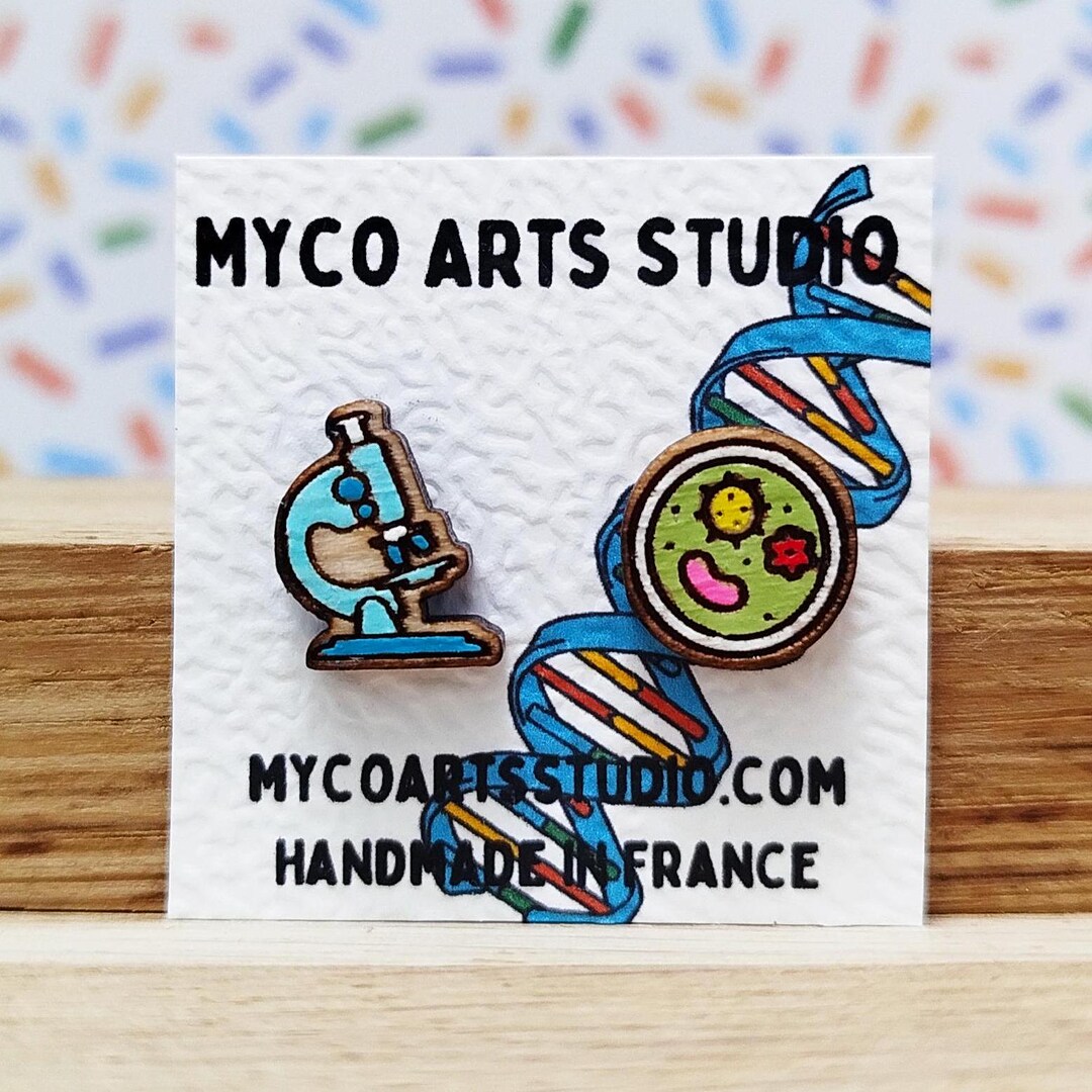 Petri Dish & Microscope Mismatched Stud Earrings, Asymmetric Wooden ...