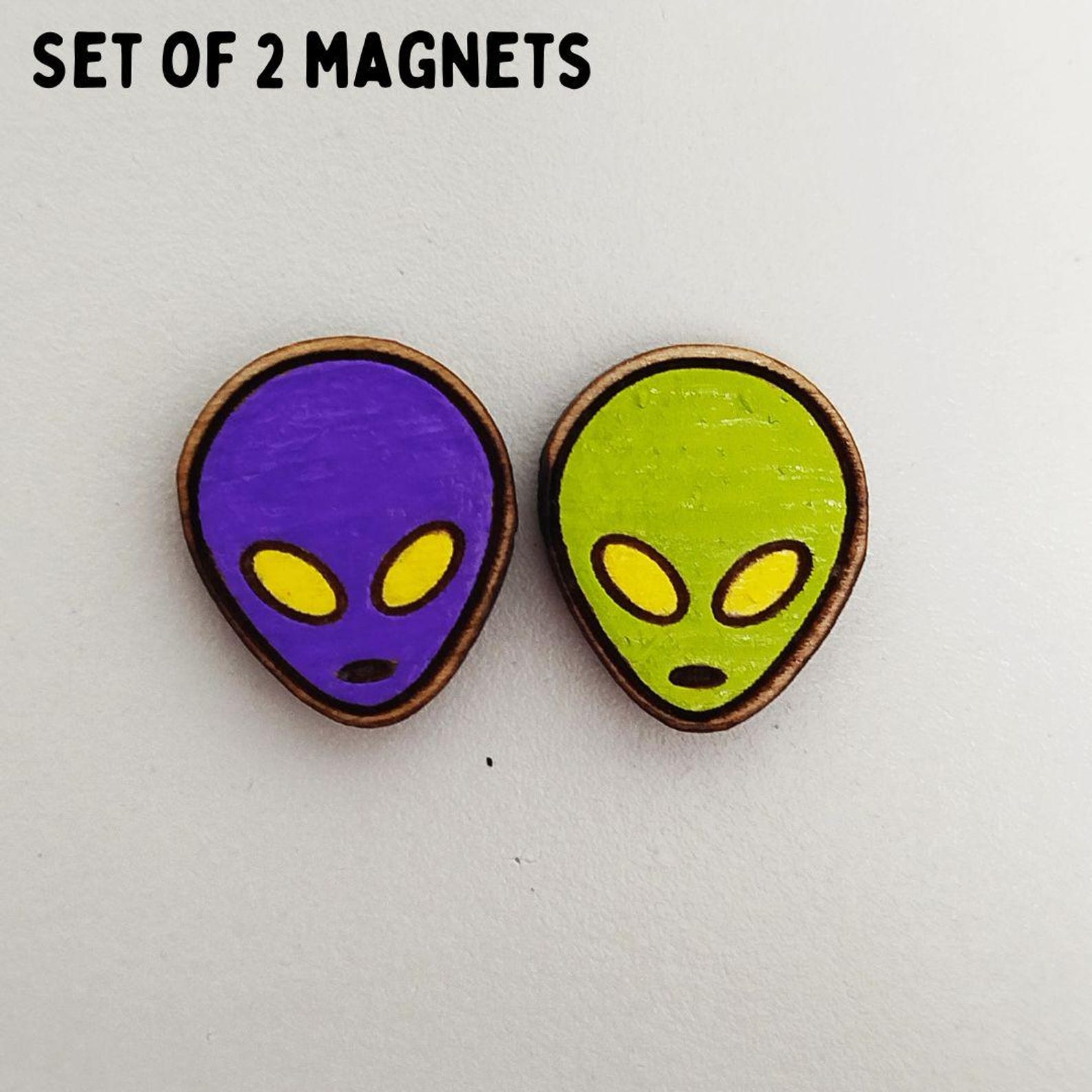 Set of 2 Alien Shaped Wooden Fridge Magnets, Wood Martian Magnets ...
