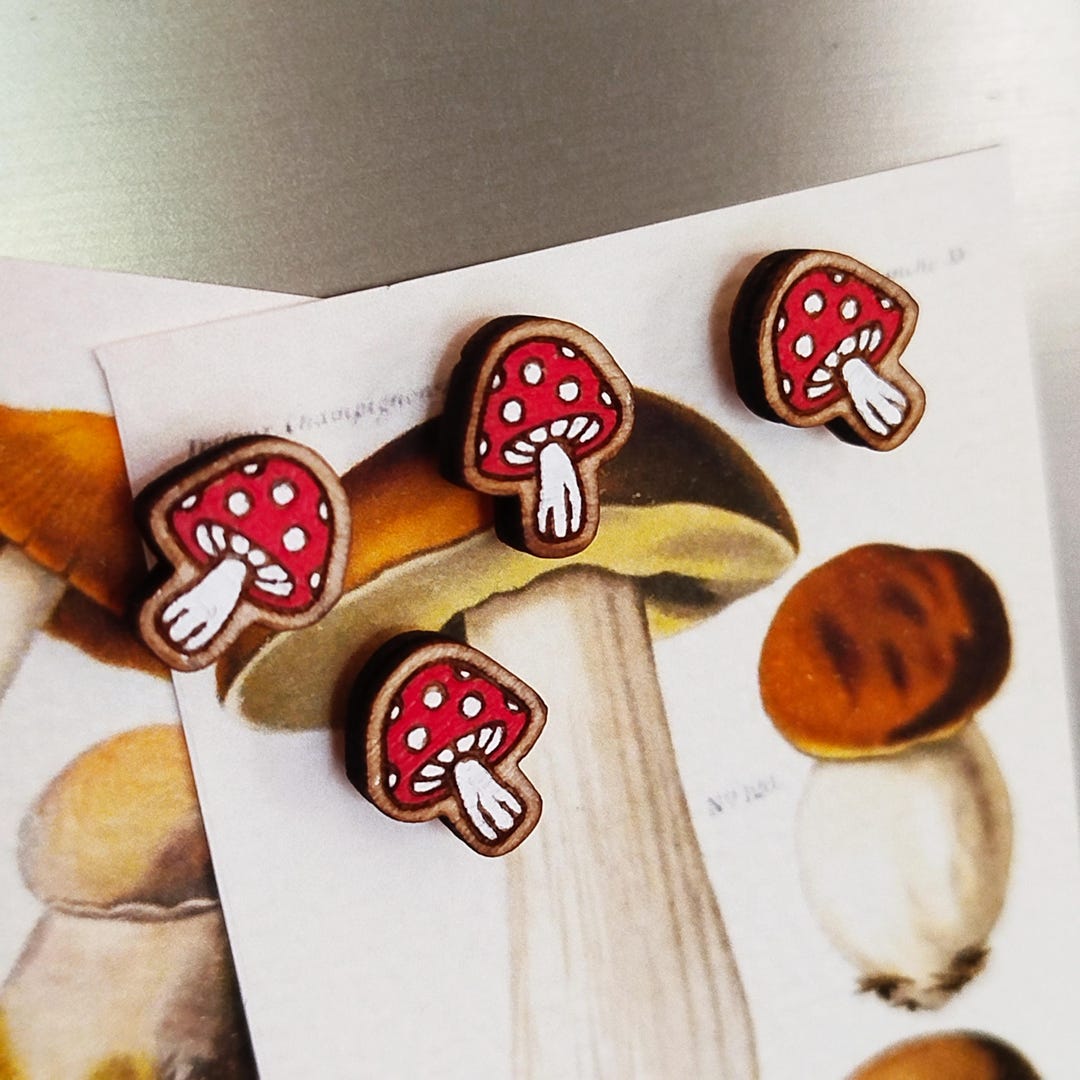 Mushroom Mini Fridge Magnets Made From Wood, Set of 4 Wooden Amanita ...