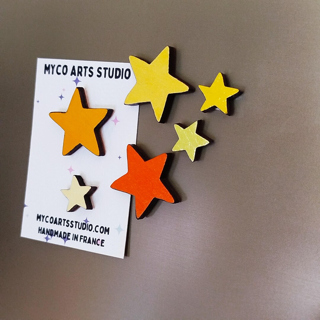 Set of Six Star Shaped Wooden Fridge Magnets, Yellow Star Magnets, Mini ...