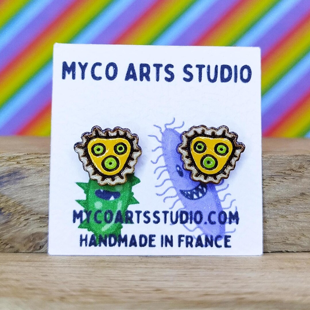 Bacteria Stud Earrings, Yellow Microbe Wooden Post Earrings for ...