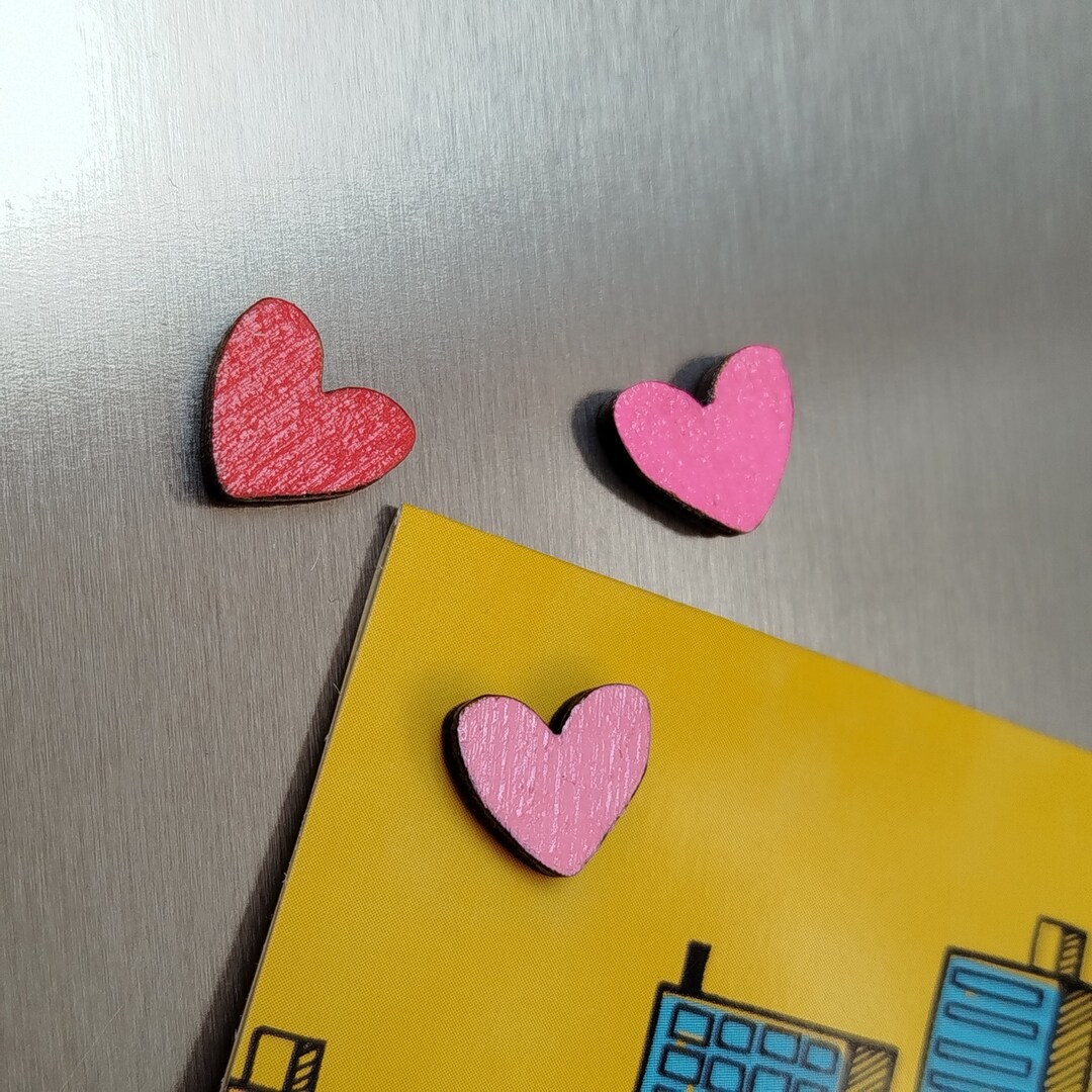 Set of 3 Mini Heart Shaped Wooden Fridge Magnets, Pink Heart Magnets ...