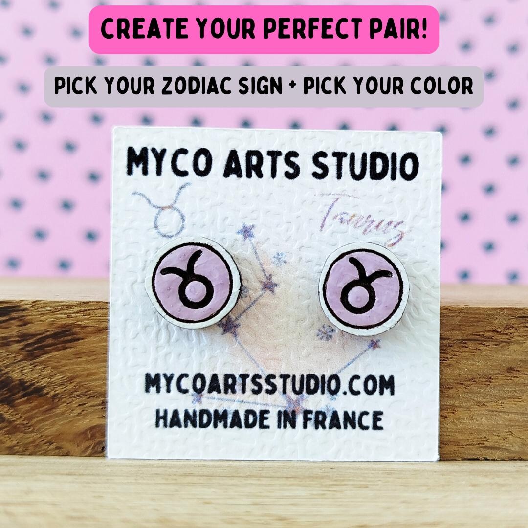 Zodiac Stud Earrings, Taurus Star Sign Post Earrings, Wooden ...