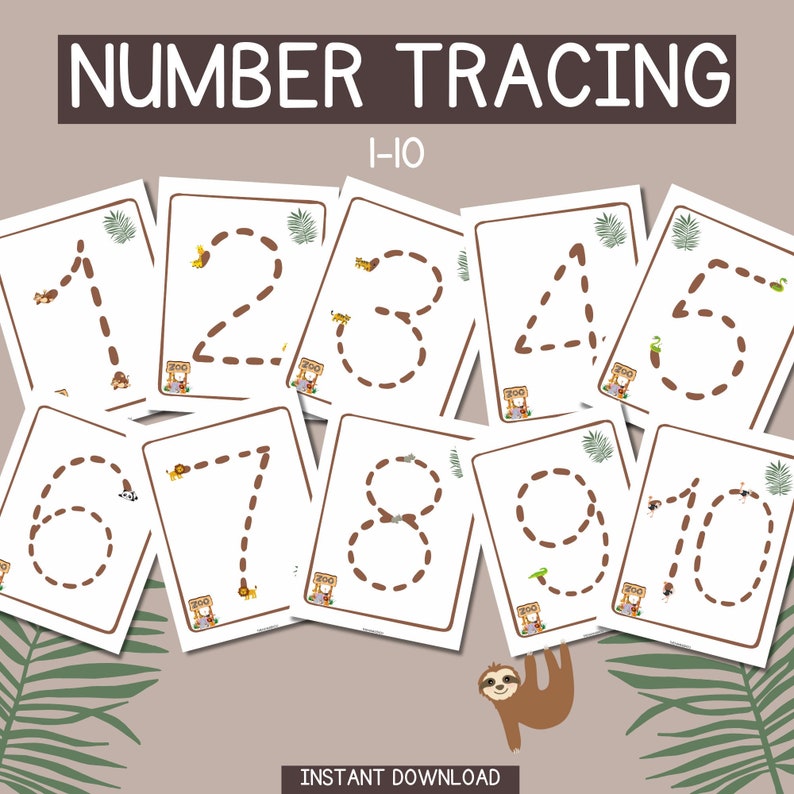 Number Tracing 1-10 Zoo, Preschool Worksheet, Printable, Handwriting ...