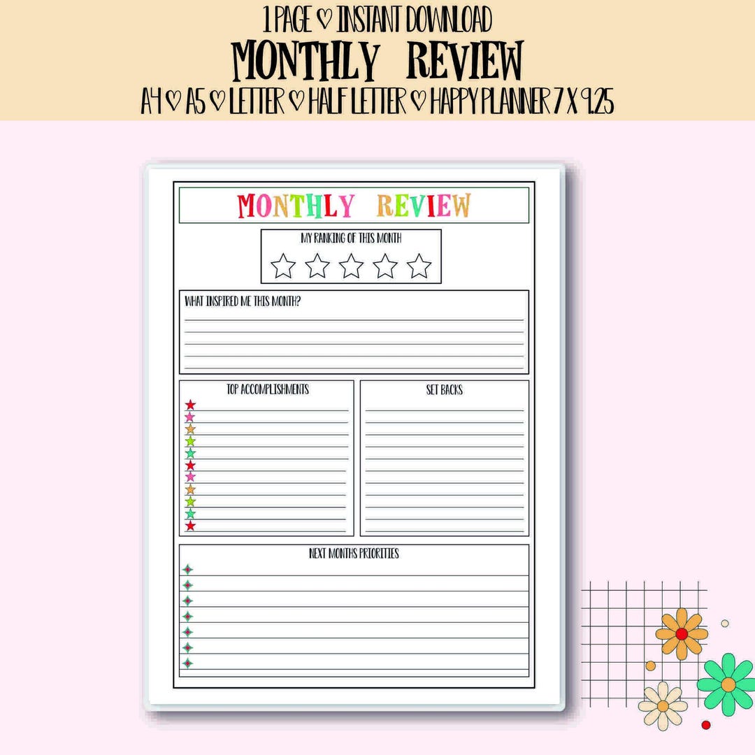 Monthly Review Planner Printable PDF, A4/a5/letter/half Letter/happy ...