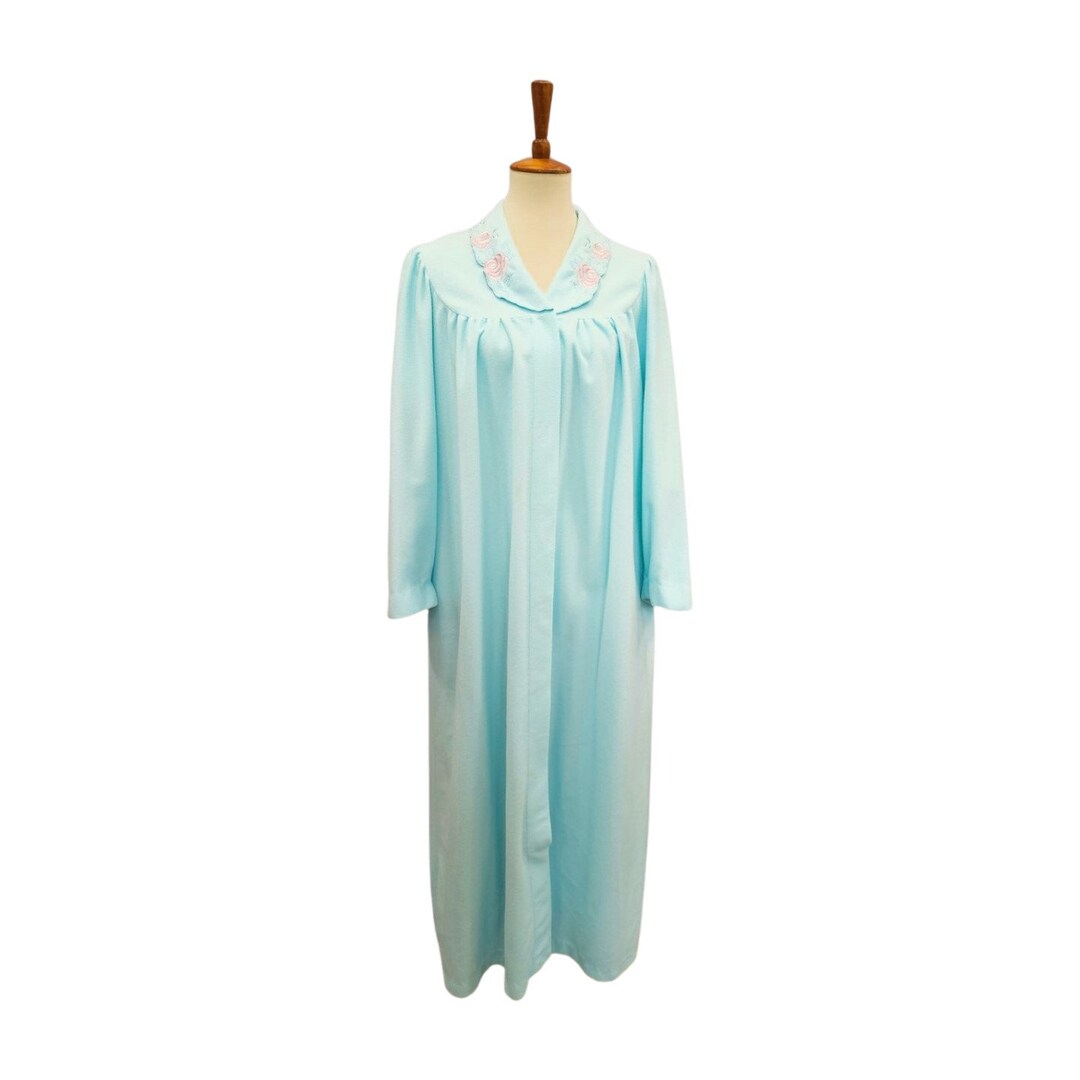 Shadowline Light Blue Long Snap Front Robe With Pink Rose Embroidery ...