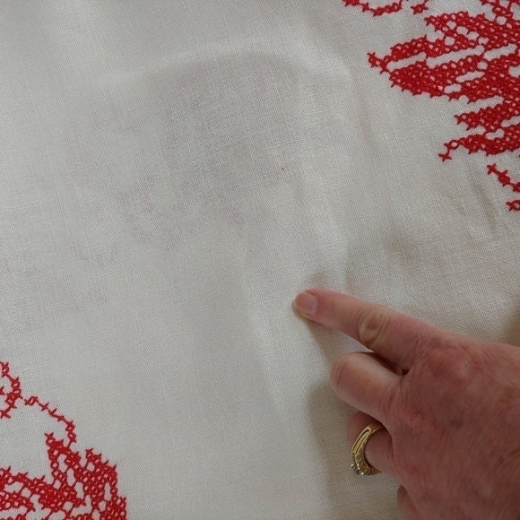 Vintage Hand Embroidered Red Cross Stitch on White Rectangular ...