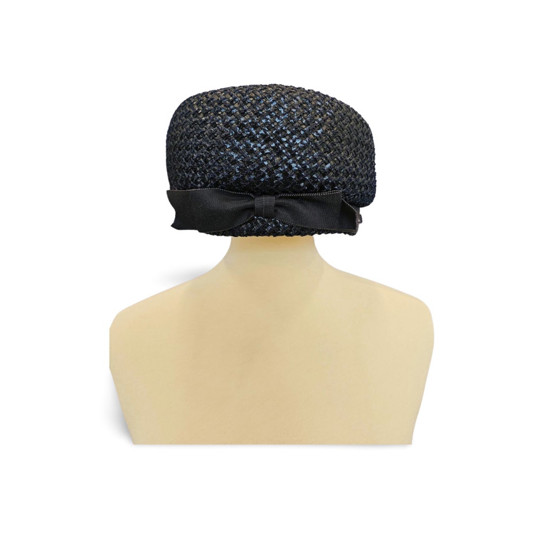 Vintage Navy Blue Straw Bubble Crown Hat With Green Blue Ribbon Bow, Union Label, Sassy Hat - Etsy