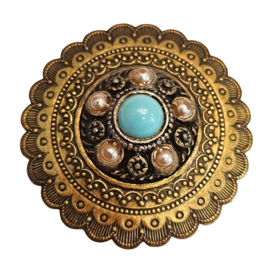 Vintage Brass Tone Turquoise Pearl Brooch, Round Medallion Pin, 60s 70s ...