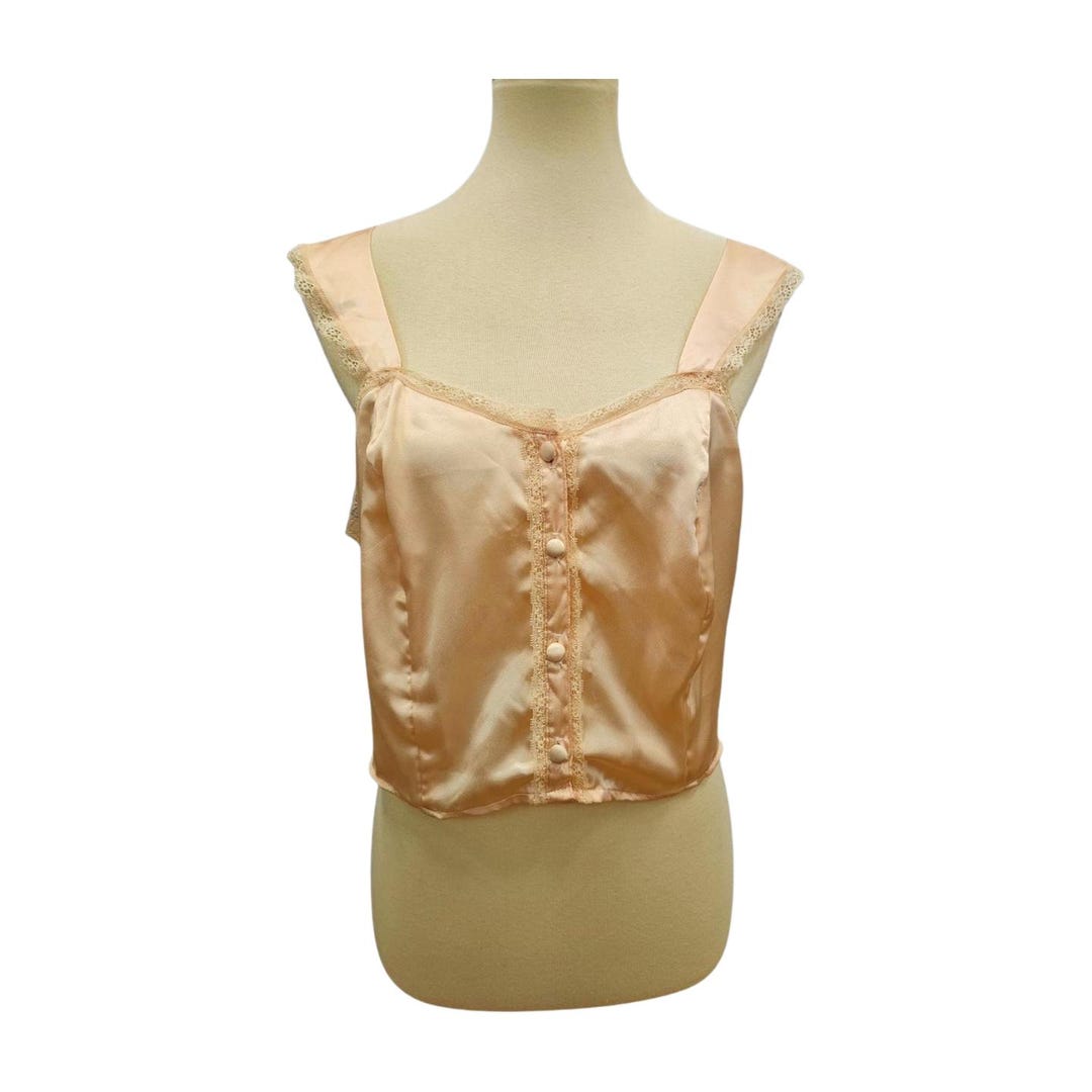 Vintage Peach Satin Camisole Delicates L Lace Trim Button Front 80s 90s ...