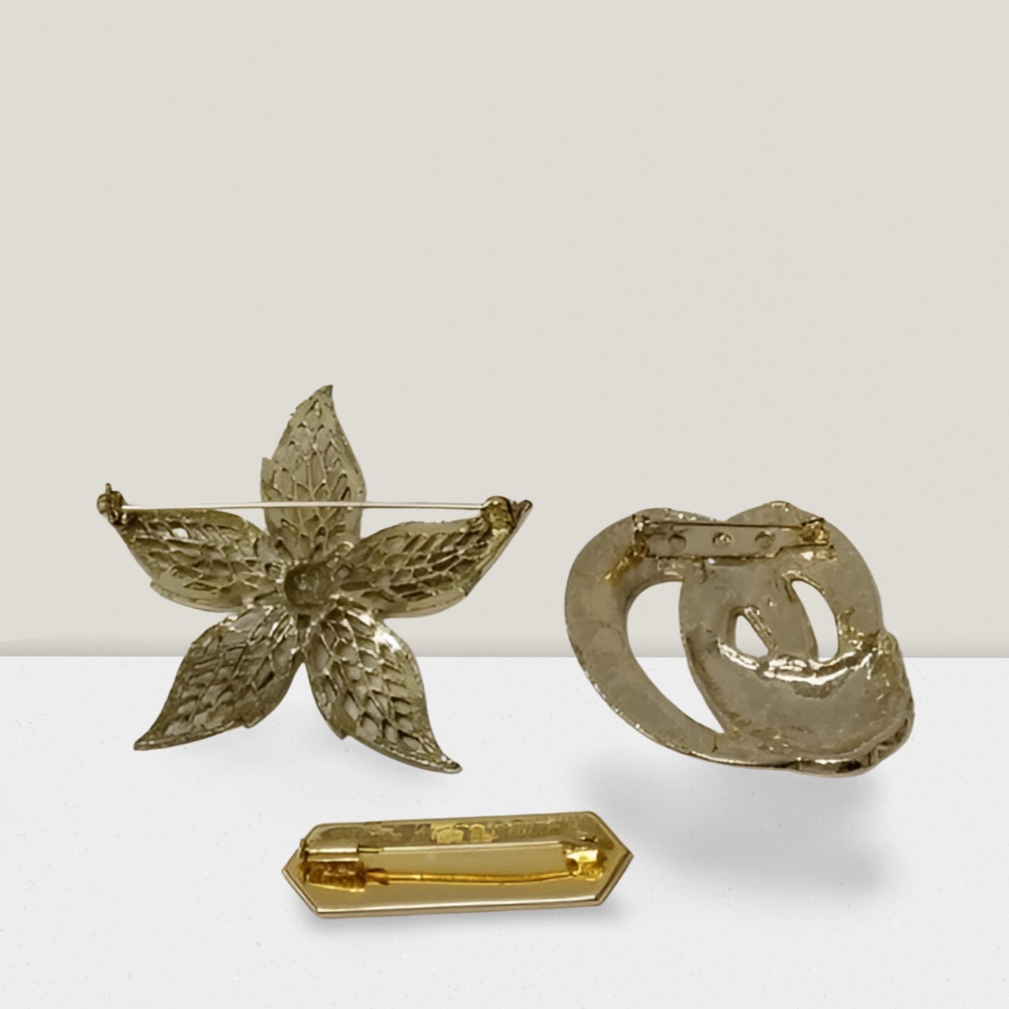 Gold Tone Mixed Brooch Lot, 3, Damascene, Trombone Clasp, Antique ...