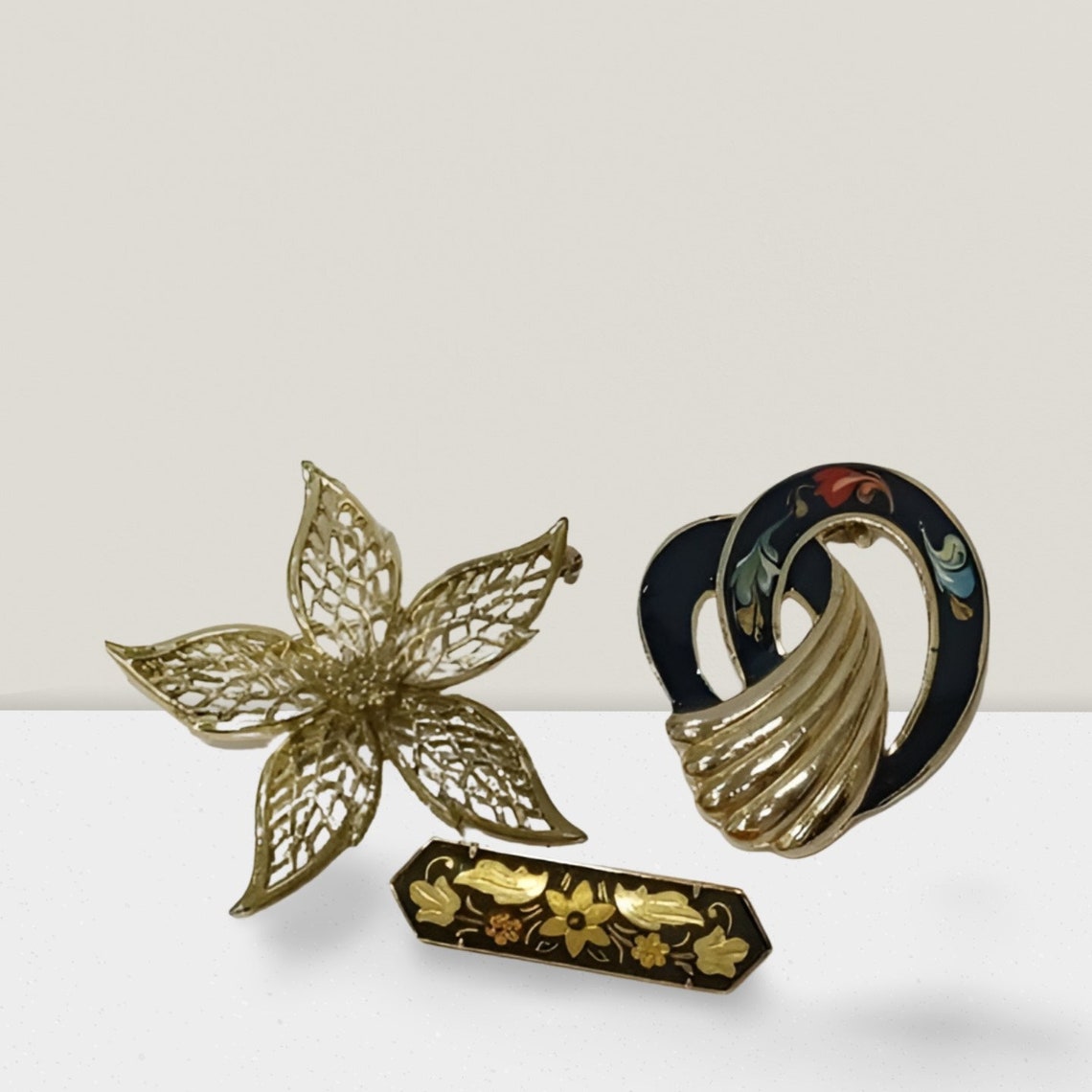 Gold Tone Mixed Brooch Lot, 3, Damascene, Trombone Clasp, Antique ...