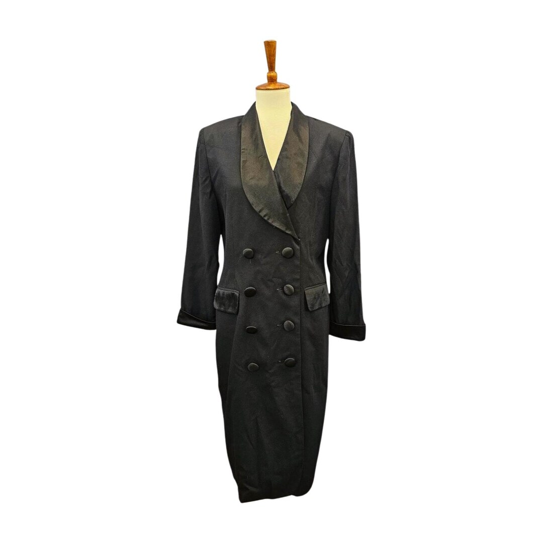 Vintage 80s/90s Black Tuxedo Dress – Satin Lapel, Double Breasted, Size ...
