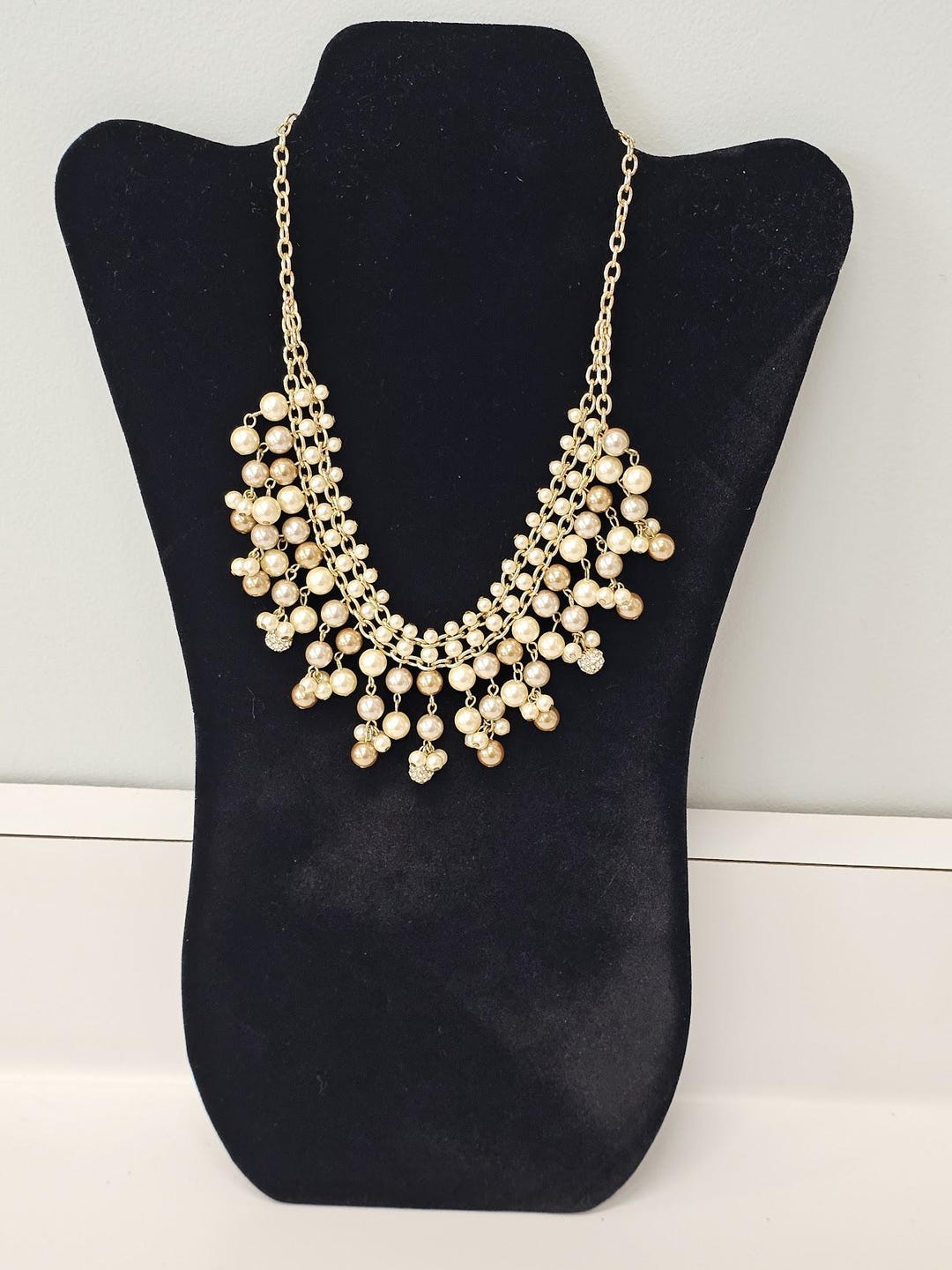 Vintage CHAPS Gold Tone Pearl Cluster Statement Necklace, Sparkly ...