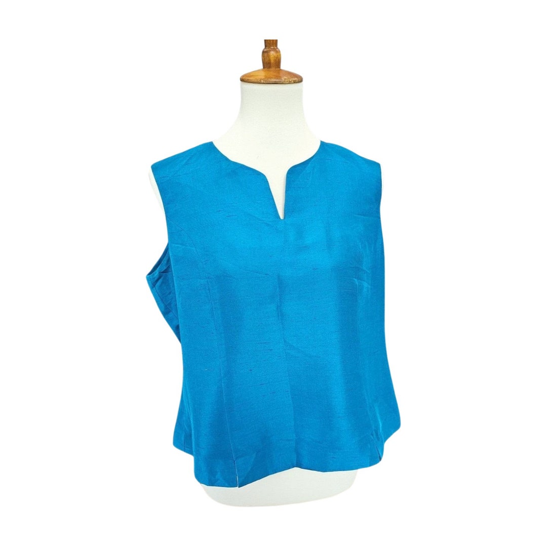Vintage Blue Nubby Silk V-neck, Sleeveless Top, Blouse, L, Cynthia ...