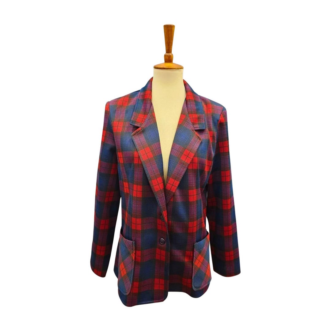 Vintage Dotty Mann Red Navy Plaid Blazer • 80s Tartan Jacket • Unlined ...