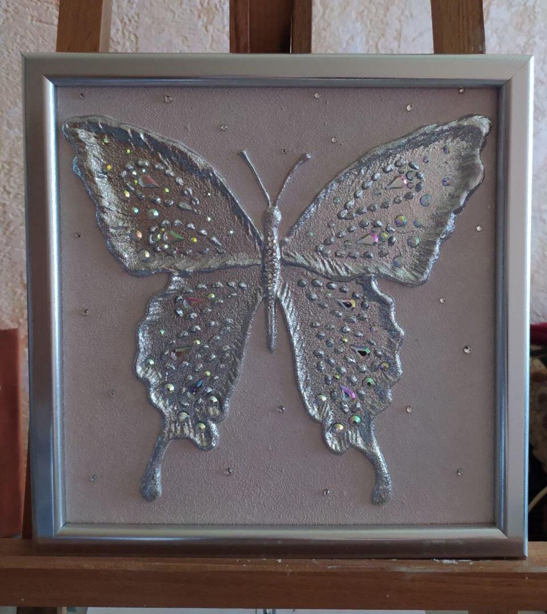 3d Silver Butterfly Sparkling Rhinestone Wall Art, 3D Textured Painting ...