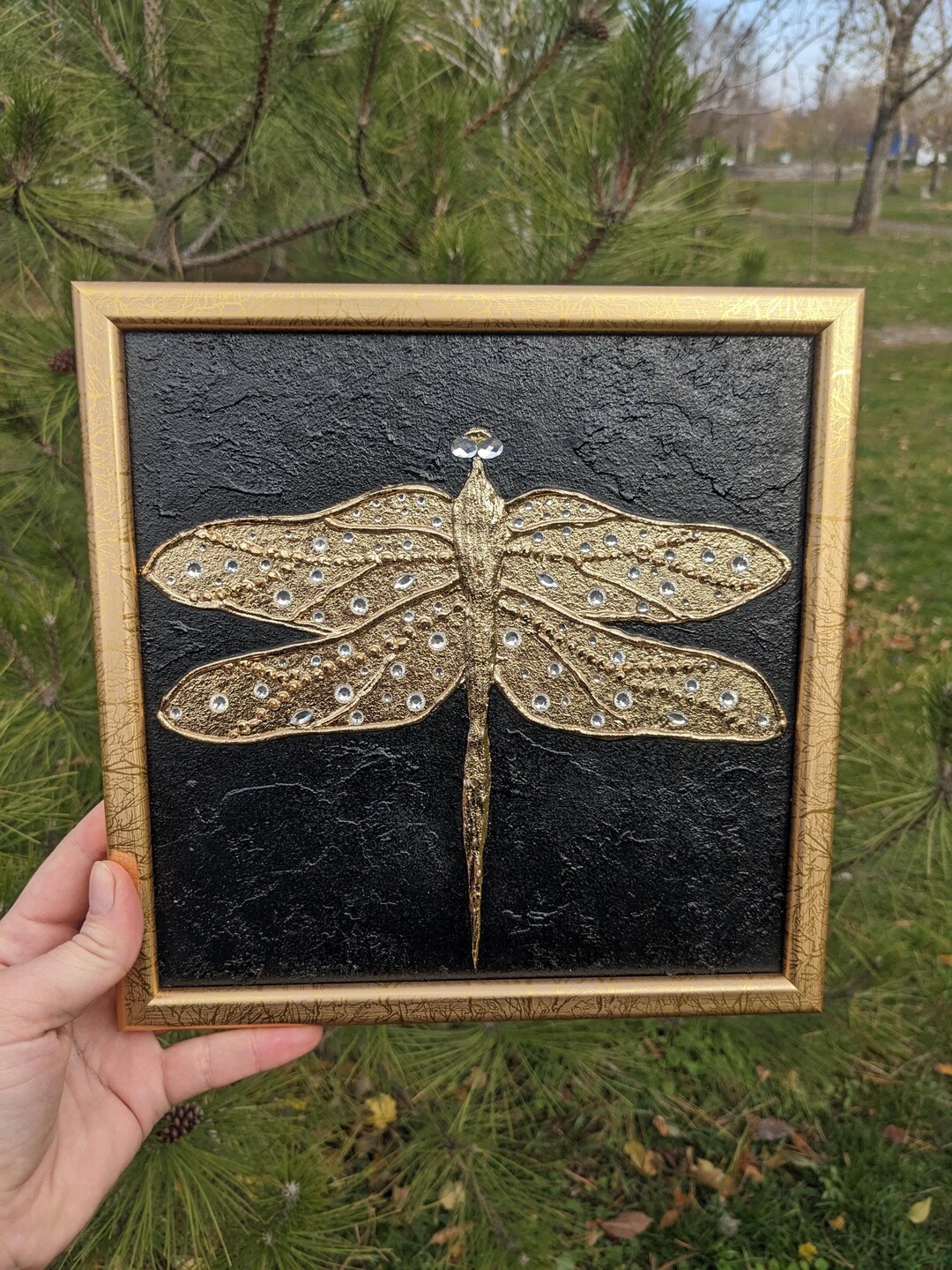 Bas-relief Original Golden Dragonfly Wall Art 3D Textured Painting ...
