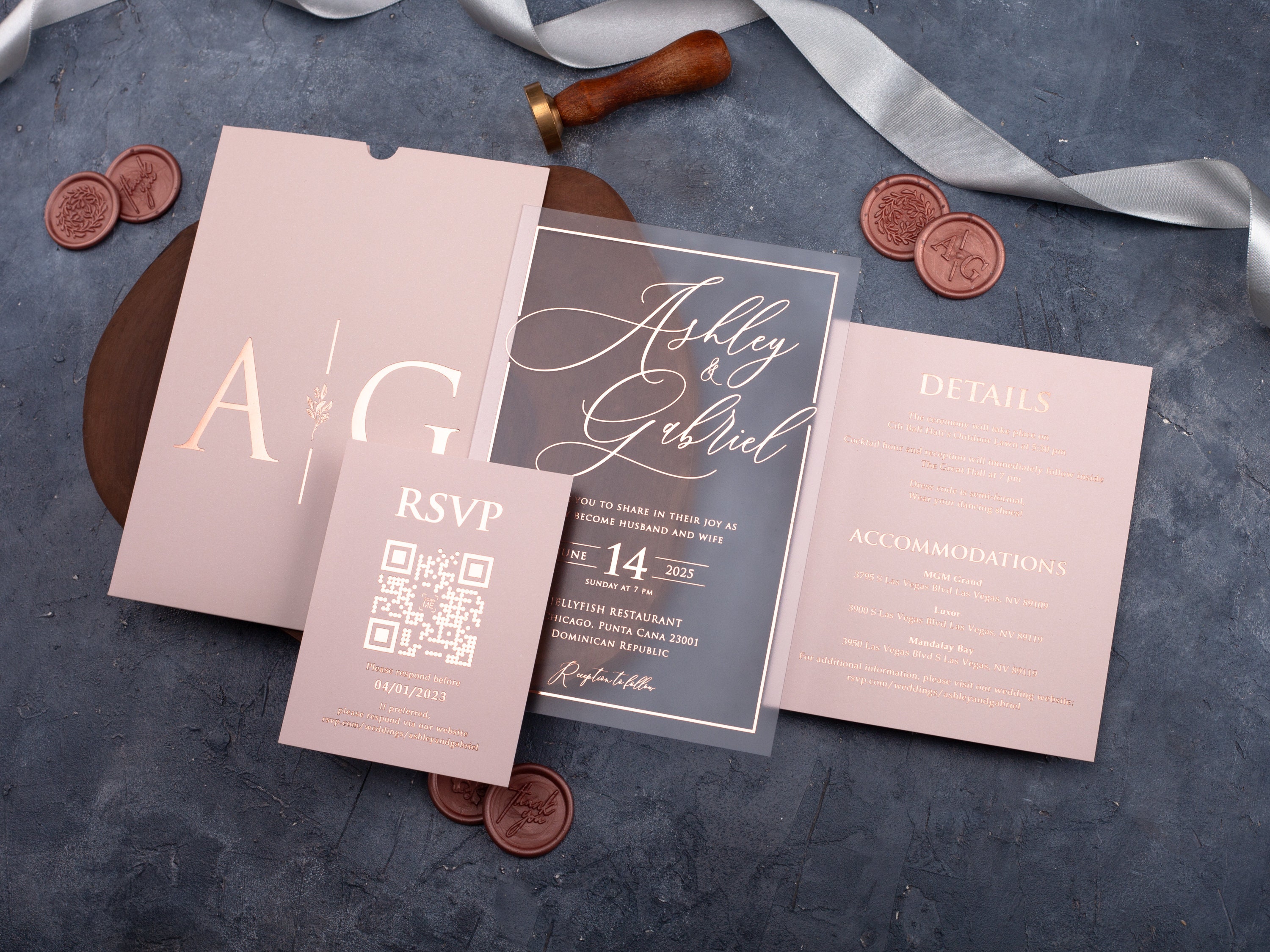 Blush Pink Acrylic Wedding Invitation, Rose Gold Foil, Elegant Wedding ...
