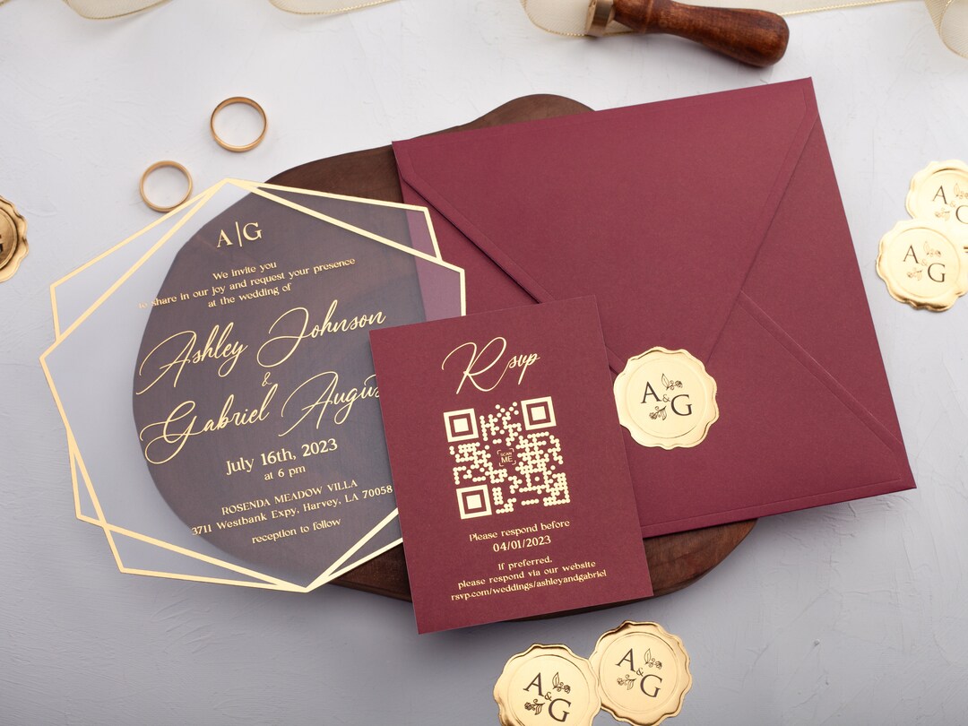 Burgundy and Gold Wedding Invitation, Modern Geometric Hexagon Invite ...
