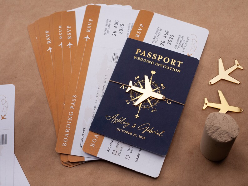 Navy Blue Passport, Couple Photo Boarding Pass Invites, Gold Foil ...