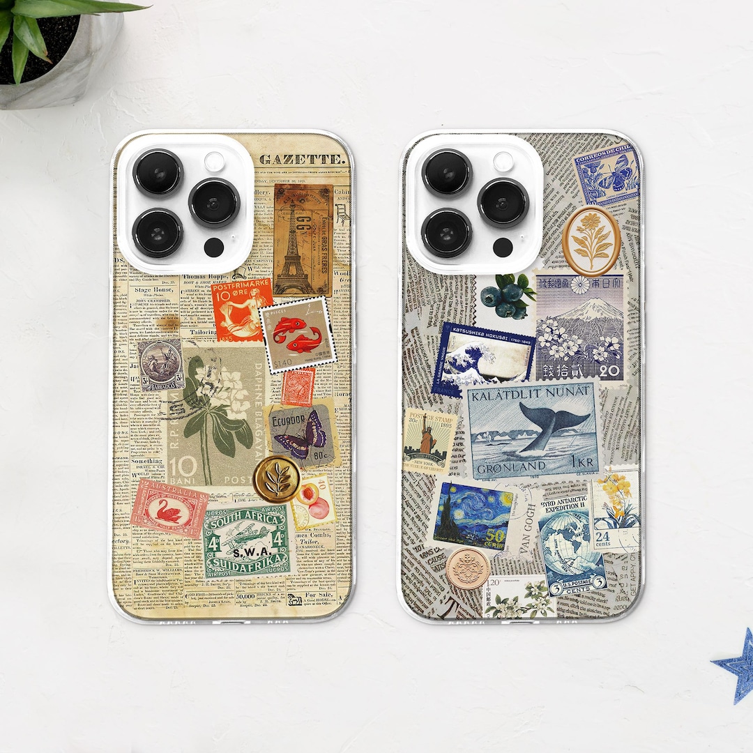Vintage Newspaper Collage Magsafe Phone Case, Retro Postal Stamps Phone ...