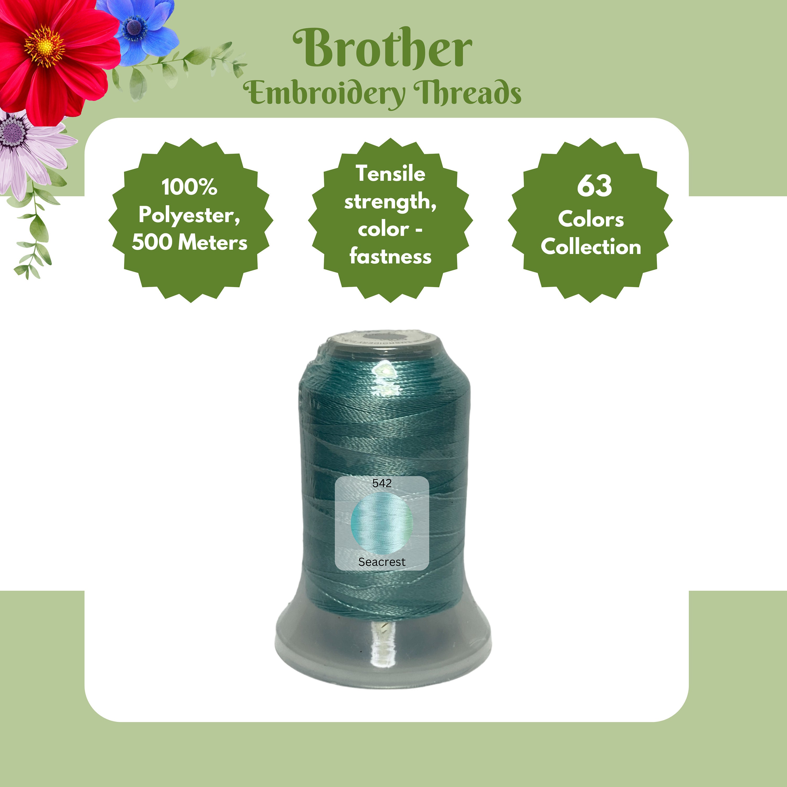 Brother Colors Polyester Embroidery Machine Thread 500M 517 Dark Olive ...