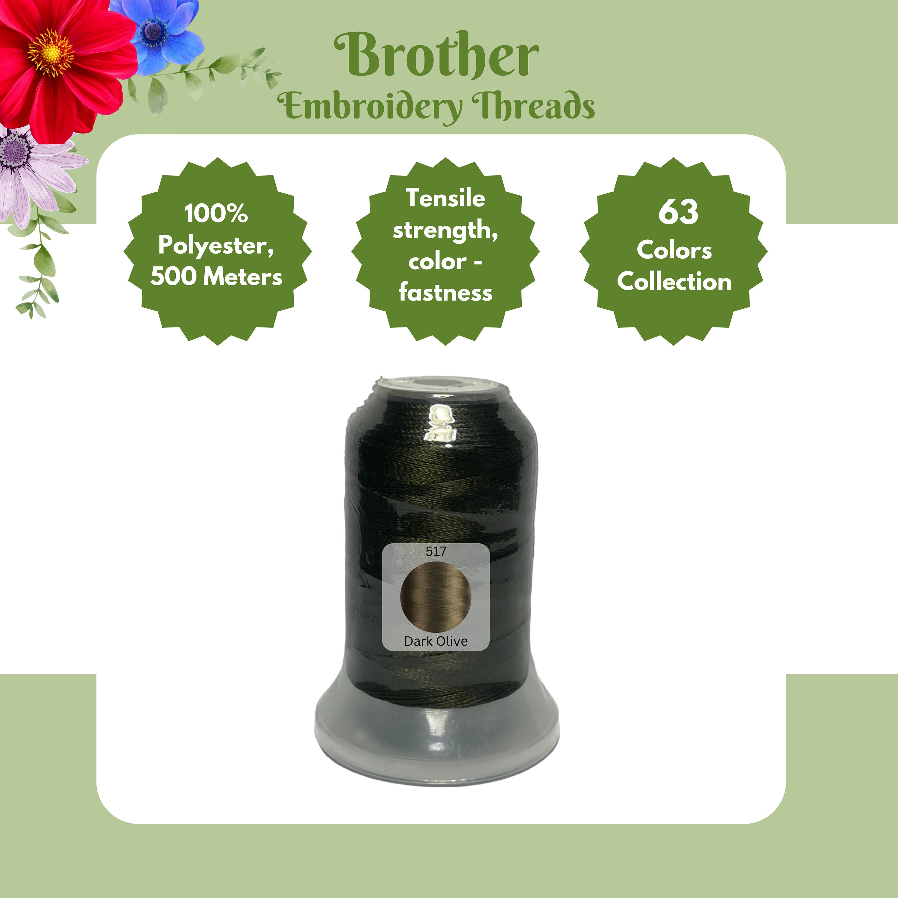 Brother Colors Polyester Embroidery Machine Thread 500M 517 Dark Olive ...