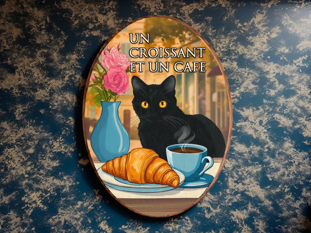 French Cafe Croissant Cat Print, Retro Drink Poster, Bistro Coffee ...