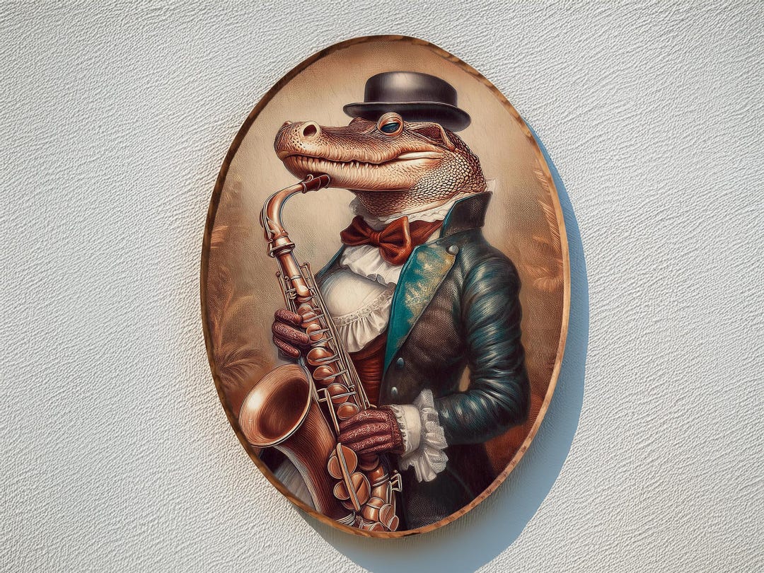 Vintage Style Victorian Crocodile Wall Art Wooden Saxophone Playing ...